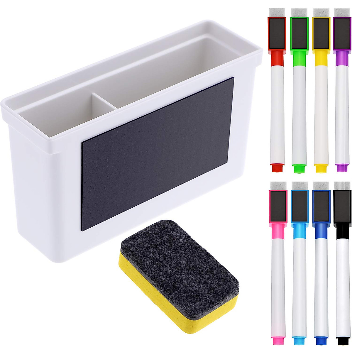Boao Whiteboard Magnetic Plastic Holder, 8 Pieces Colorful Magnetic Markers with Eraser Cap, Magnetic Whiteboard Eraser for School Office Home 100th Day of School, 10 Pieces Totally