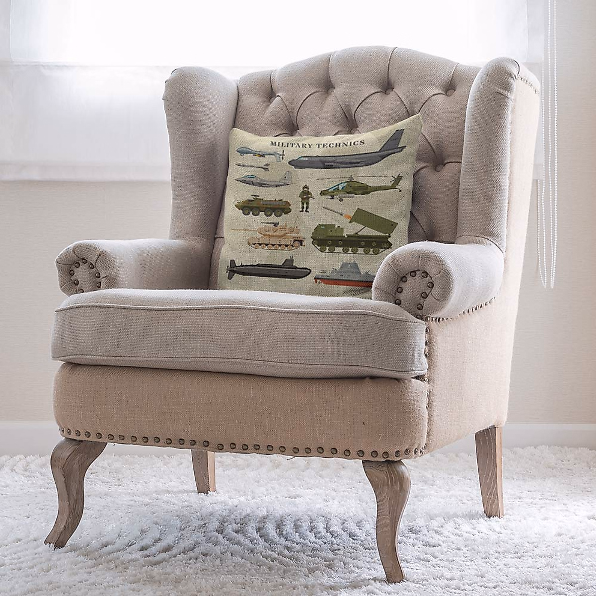 EKOBLA Military Technics Throw Pillow Cover Camouflage Army Transport Plane Armored Tank Helicopter Submarine Pillow Covers for Living Room Sofa Indoor Home Decor Cotton Linen 16x16 Inch