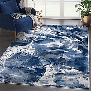 Abani Rugs Contemporary Blue & Grey Marble Ice Design 6’ x 9’ Area Rug - Modern Swirl Watercolor Non-Shedding Bedroom Rug
