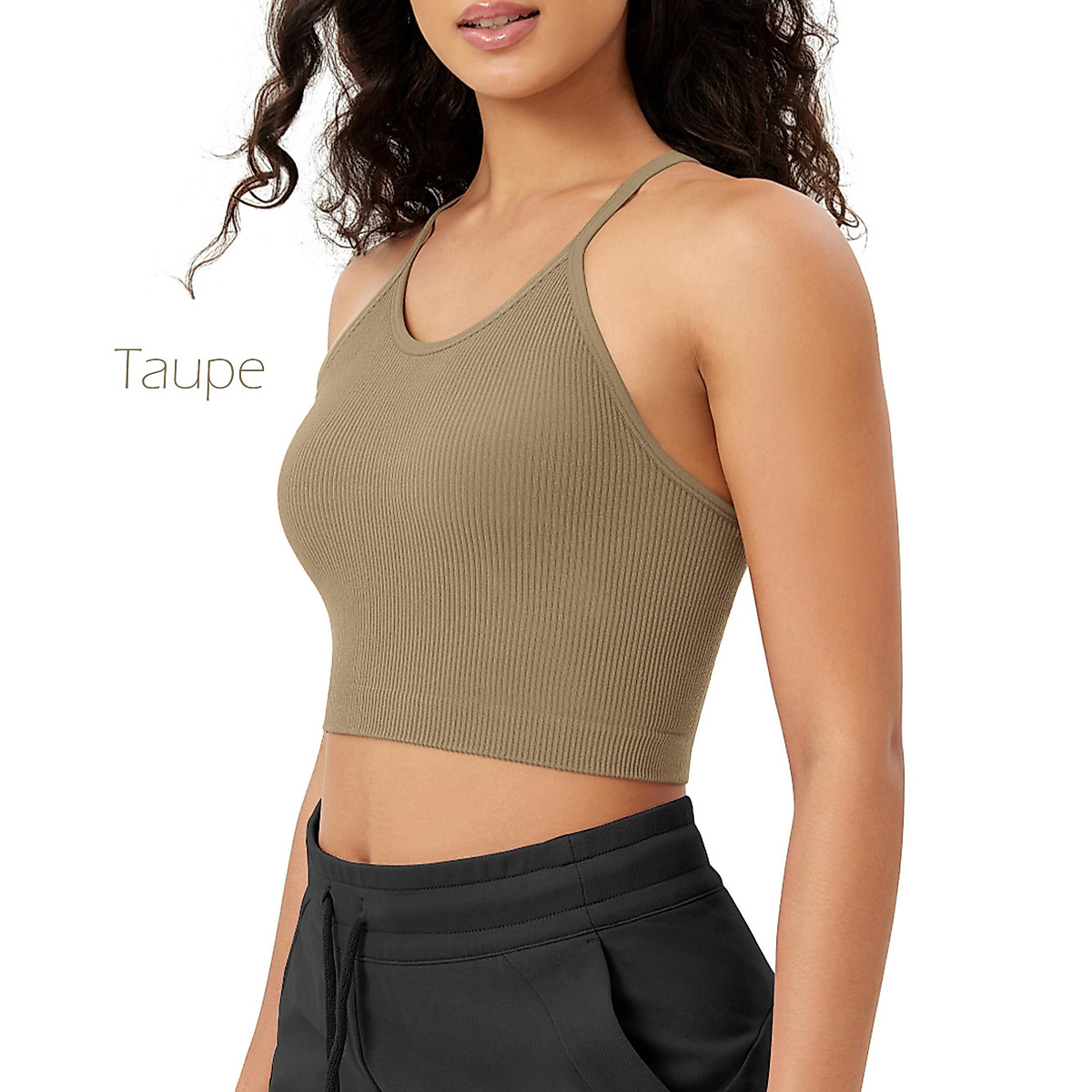 ODODOS Women's Crop 3-Pack Seamless Rib-Knit Camisole Crop Tank Tops, Mushroom Taupe Charcoal, X-Small/Small