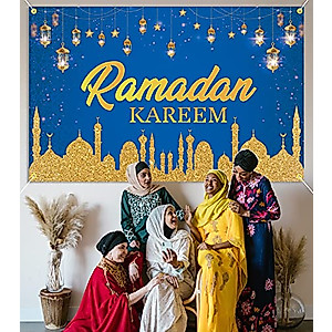 JOZON Ramadan Kareem Backdrop Banner 71 x 45 Inch Large Size Ramadan Mubarak Blue Gold Background Banner Islamic Eid Mubarak Festival Party Decorations Supplies Muslim Ramadan Photo Booth Props