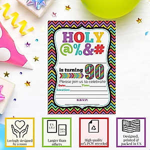 HOLY @% 90th Birthday Party Invitations, 20 Funny 5x7 Fill In Cards with Twenty White Envelopes for Milestone Birthdays by AmandaCreation