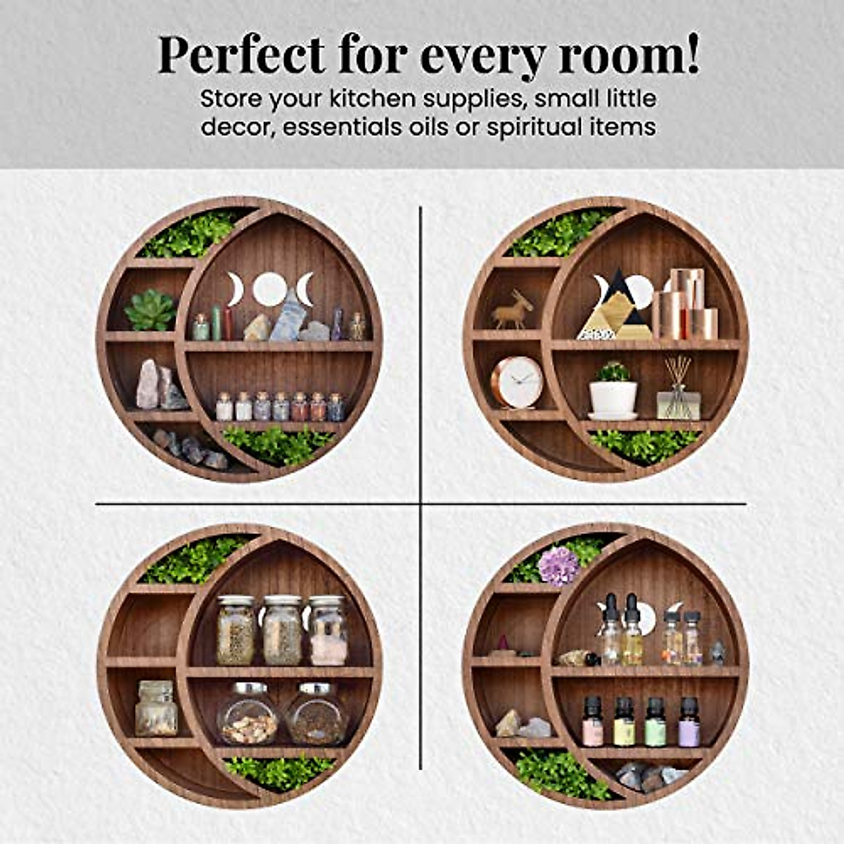 MAROQUE Crescent Moon Shelf for Crystals - Crystal Wall Decor, Crystal Shelf Display, Moon Shelves, Boho Shelves Essential Oil Shelf, Wooden Moon Shelf, Crystal Display Shelf, Moon Decor, Wiccan Decor