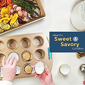 Baking Pan 8 Piece Set Nonstick Gold Carbon Steel Oven Bakeware Kitchen Set with Silicone Handles, Cookie Sheet, Roasting Pan, Lid, Square Pan, Pie Pan, Loaf Pan, Pizza Crisper, Muffin Pan by PERLLI