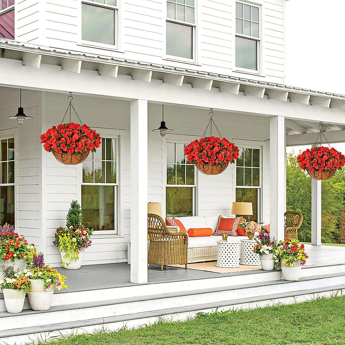 Artificial Fake Fall Hanging Flowers Plants Basket for Outdoor Autumn Decor, Faux Silk Bougainvillea Flowers in Planter Look Real UV Resistant Faux Flowers Arrangement for Porch Home Patio Garden, Red