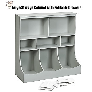 HONEY JOY Kids Toy Storage Organizer with Bookcase, 8-Cubby Organization Storage Cabinet w/Display Shelf & 3 Removable Fabric Bins, Wooden Toy Storage Unit for Playroom, Nursery Daycare(Gray)