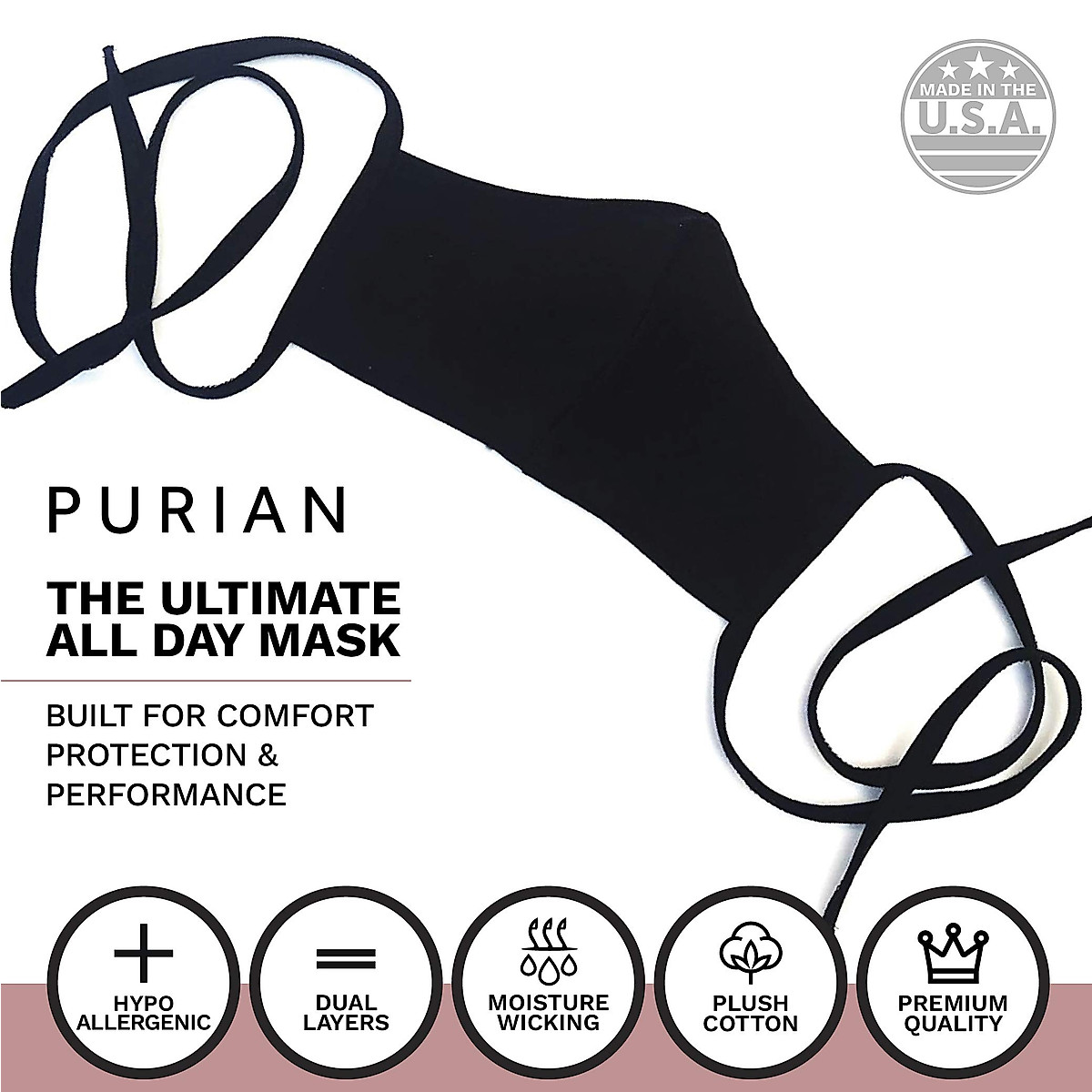 Cotton Face Masks with Long Tie Behind Straps | Dust Mask for Travel & Work | Black | 2 Pack