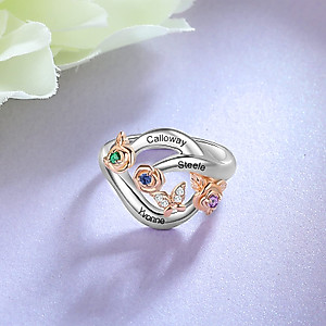 LanM Mothers Day Gifts Mothers Rings with 3 Birthstones Rose Ring Personalized Sterling Silver Custom Mom Ring with Name Gift for Wife Grandmother Family