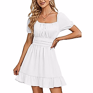 Rooscier Women's Square Neck Puff Short Sleeve Ruffle Elastic Waist Tie Back Mini Dress White Small