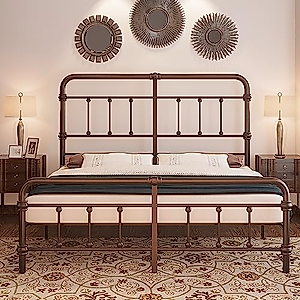 Geltanny King-Bed-Frame-Vintage-Farmhouse 49 inch Tall-headboard-Iron - Platform Mattress Foundation,No Box Spring Needed (Dark Bronze)