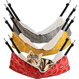3 Pcs Cat Hammock, Reversible Cat Hanging Hammock Pet Cage Hammock Soft Plush Cat Bed Double Sided Resting Sleepy Pad with Adjustable Straps for Cats Rabbits Small Dogs Small Animals