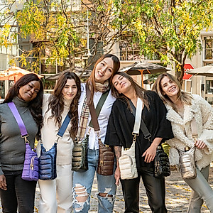 WanderFull Original Crossbody HydroBag | Quilted Water Bottle Carrier | Puffer Tote Tumbler Holder with Pockets for Purse, Phone & Accessories | Carry Travel Essentials (Navy Shiny & Solid Strap)