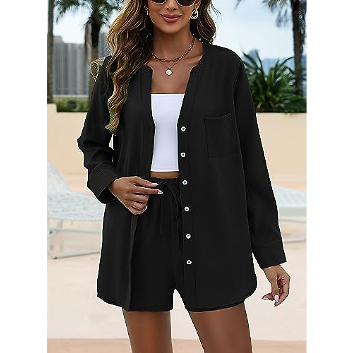 Namifin Women 2 Piece Shirt and Pants Set Oversized Button Down Shirt and High Waist Pants Outfits Summer Streetwear Black