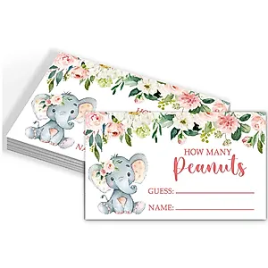 Yuzioey Pink Elephant Guess How Many Peanuts Baby Shower Game, 50 Cards and Matching Standing Sign, Girl Elephant Baby Shower Guessing Game
