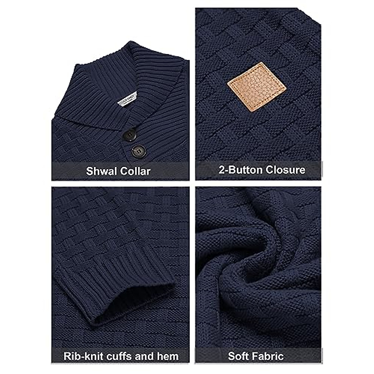 COOFANDY Men's Shawl Collar Sweaters V-Neck Relaxed Fit Basket Knitted Pullovers Navy Blue