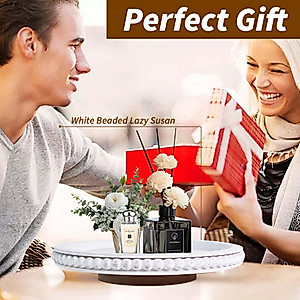 HPC Decor 12 Inch Beaded Lazy Susan- Wooden Lazy Susan Organizer- Farmhouse Table Decor- Round Lazy Susan for Table Cabinet- Kitchen Turntable 360 Degrees Rotating Table Decor Spinning Tray (White)