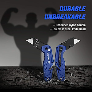 WORKPRO Utility Knife Blades, 100-Pack SK5 Utility Blades & WORKPRO 3-Piece Folding Utility Knife (Blue/Black/Red)