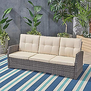 Christopher Knight Home Joanne Outdoor 3 Seater Wicker Sofa, Grey with Beige Cushions