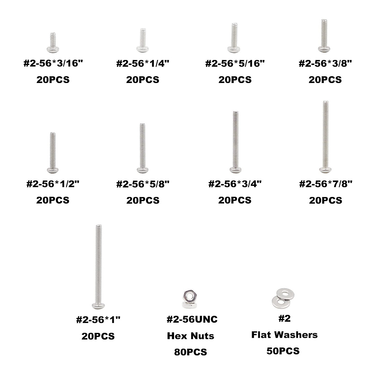 MCMASKE 310PCS #2-56 UNC Stainless Steel Phillips Pan Head Machine Screws Hex Nuts Flat Washers Assortment Kit
