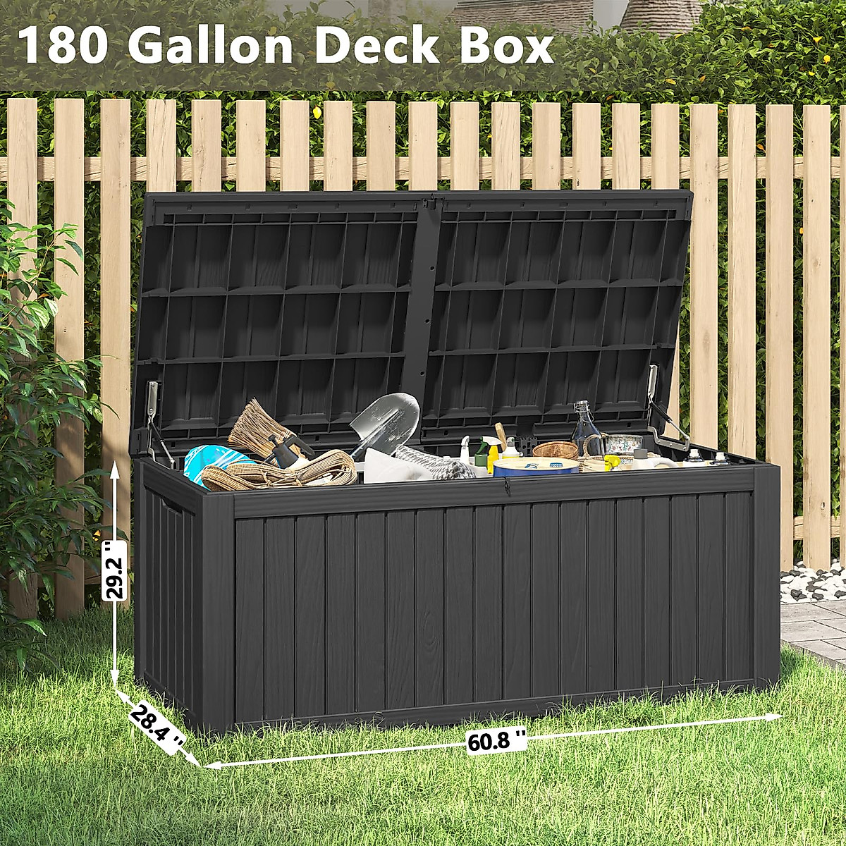 LHBGO 180 Gallon Deck Box Large Outdoor Storage for Patio Furniture,Outdoor Cushions, Garden Tools, Sports Equipment and Pool Supplies, Waterproof, Resin, Lockable, Black