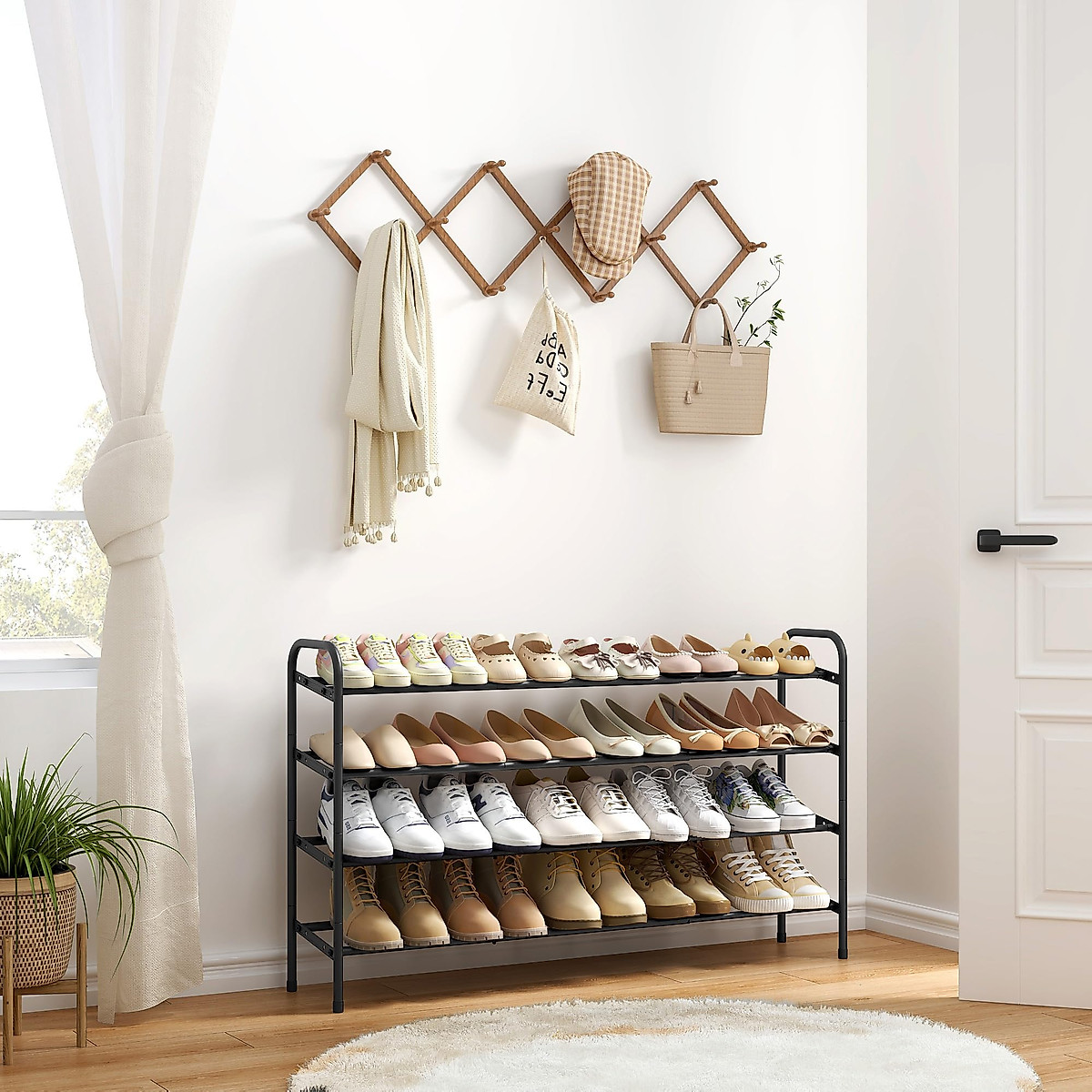 Gewudraw 4-Tier Shoe Rack Expandable, Width Adjustable Shoe Shelf Storage Organizer, 41.53'' Metal Standing Shoe Rack for Bedroom Entryway Closet, Holds up to 24 Pairs Shoes, Black