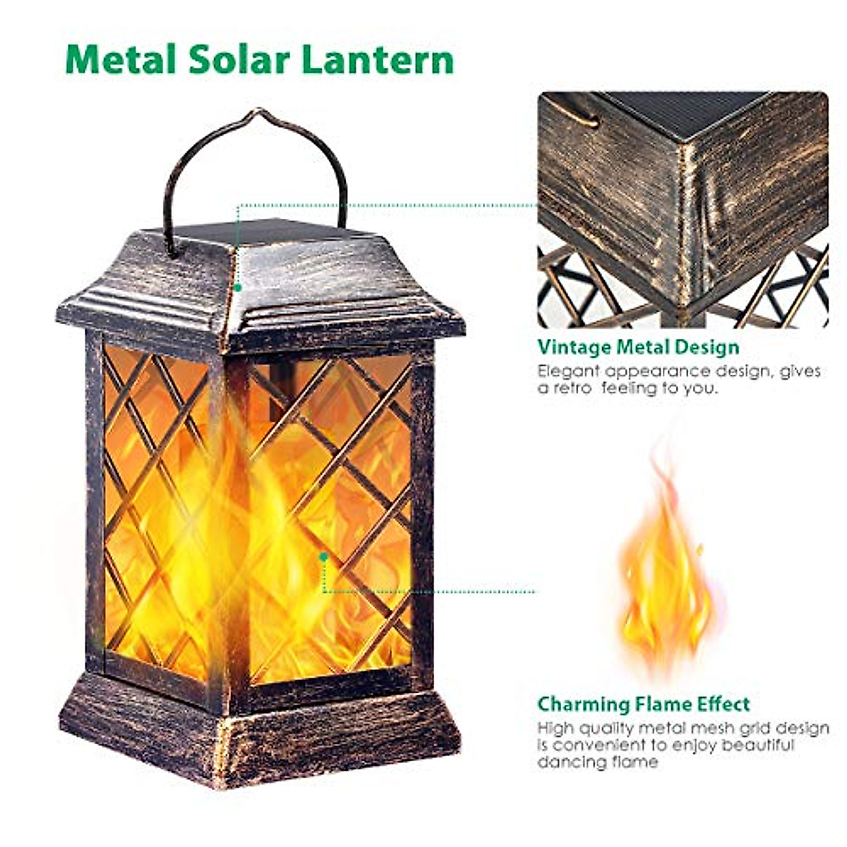TomCare Solar Lights Outdoor Flickering Flame Metal Solar Lantern Outdoor Hanging Decorative Lanterns Heavy Duty Waterproof Umbrella Decorations Lighting for Patio Garden Deck Yard, 2 Pack (Bronze)