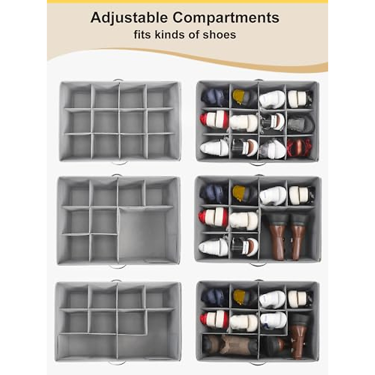 Large Shoe Organizer for Closet (L22in x W17in x H13in)- Adjustable Shoe Storage Bins, Fits 12 Pairs Different Sized Shoes, Foldable Shoe Box Storage Containers with Clear Cover-Shoes Holder, Gray
