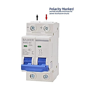BASKER DC Circuit Breaker, 20Amp 2 Poles 500V Solar Disconnect Switch for Solar PV System Solar Panels Grid System, DIN Rail Mount, DC Breaker MCB (20A)