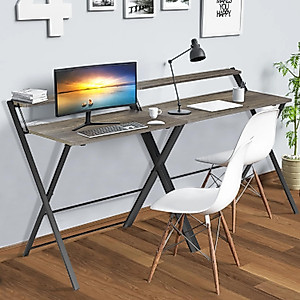 Folding Desk, 31.9 Inch Foldable Writing Table 2 Tier, Computer Desk for Home Office Study, Metal Frames/Wood Table Top, Space Saving, No Assembly Required, Brown