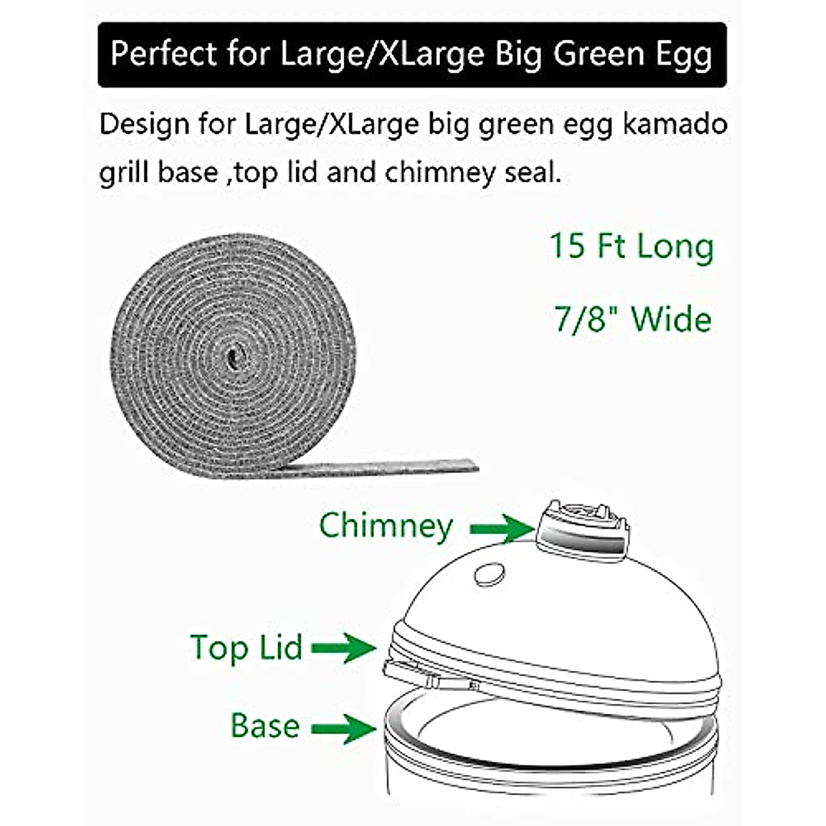 Gasket for Big Green Egg Large, Big Green Egg Parts Accessories, High Temp Material Gasket Replacement for Big Green Egg Large and XLarge, Self Stick 15Ft Long,7/8" Wide,with Scraper