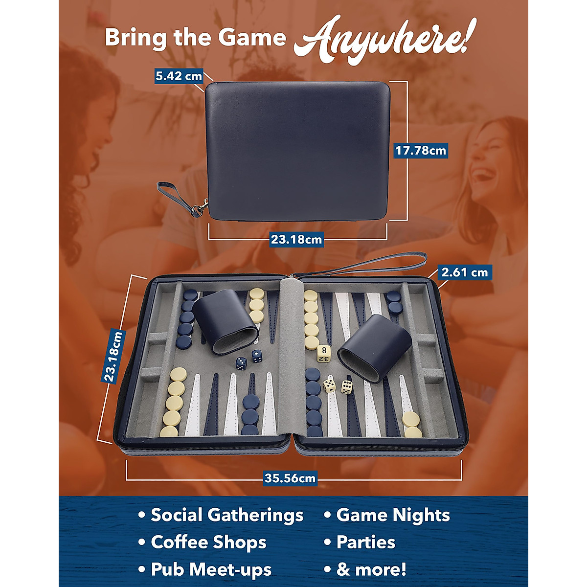 WE Games Backgammon Set, Board Games for Adults - Travel Games - Magnetic with Navy Blue Leatherette Backgammon Board and Carrying Strap - Travel Backgammon Sets for Adults