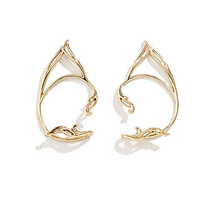 Asphinien Gothic Elves Ear Cuffs 2pcs Non-Pierced Cat Ear Wrap Hollow Cartilage Climber Earrings Punk Hip Hop Clip on Statement Earrings Gift for Women (Gold)