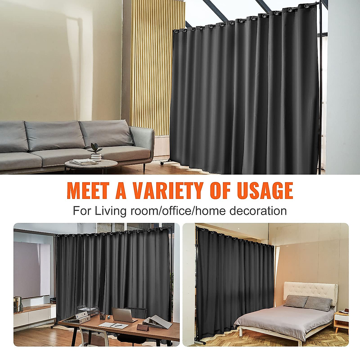 VEVOR Room Divider Curtain, 8 ft x 10 ft Portable Panel Room Divider with Wheels Curtain Divider Stand, Room Divider Privacy Screen for Office, Bedroom, Dining Room, Study, Light Grey