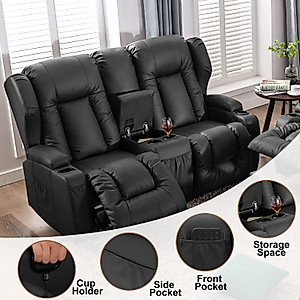 BINGTOO Home Theater Seating 67” RV Recliner Double Recliner Loveseat Manual Recliner Leather Recliner Loveseat Reclining Sofa with Console Slate, Cup Holder, Side Pocket