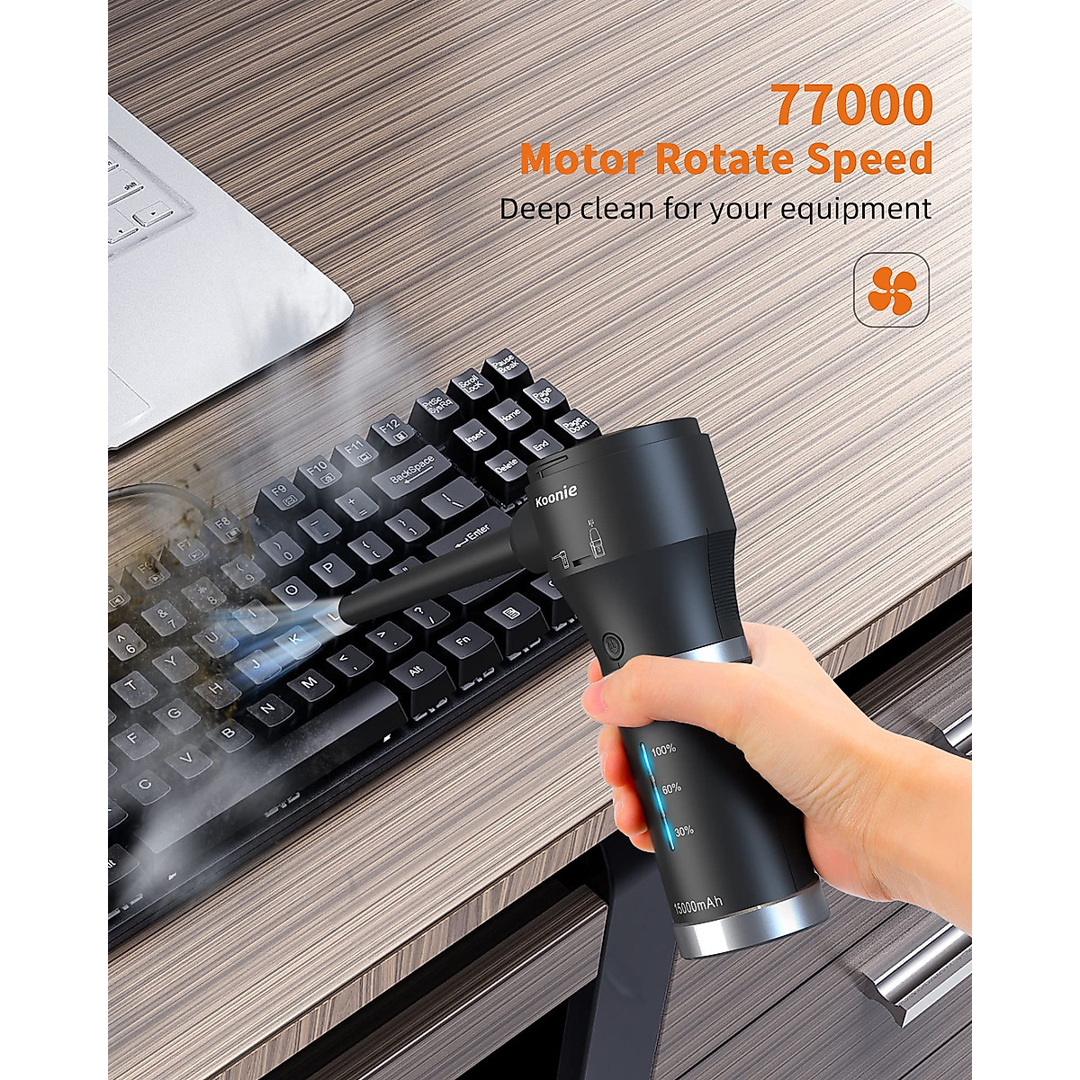 Compressed Air Duster, Koonie 15000mAh Cordless Air Duster & Vacuum 2 in 1 Powerful 77000RPM/11000PA 2 Speeds Electric Air Duster with Detachable Battery, for Computer/Keyboard, Car, Electronics