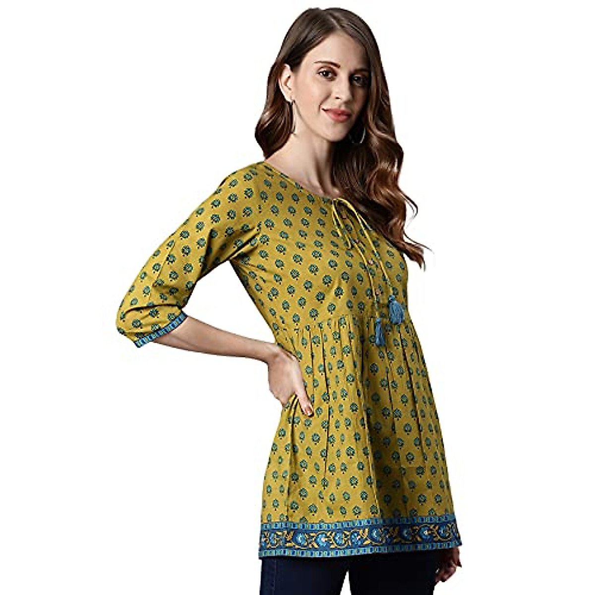 Janasya Indian Women's Green Cotton Tunic(JNE3688-TU-S)