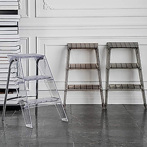 Acrylic 3 Step Ladder Step Stool Transparent L44xW52xH63cm Folding Step Stool 150kg Capacity Ladder for Kitchen Electroplated Silver Iron Frame Household Stool