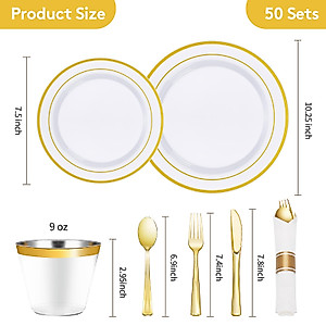 Goodluck 350 Piece Gold Plastic Dinnerware Set for 50 Guests, Fancy Disposable Plates for Party, Include: 50 Dinner Plates, 50 Dessert Plates, 50 Pre Rolled Napkins with Silverware, 50 Cups