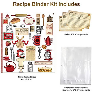 Recipe Binder Book Organizer Keeper Kit 50 PCS Recipe Cards 10 Dividers 50 Plastic Sleeves 3 Ring 8.5 X 9.5 inch Gifts
