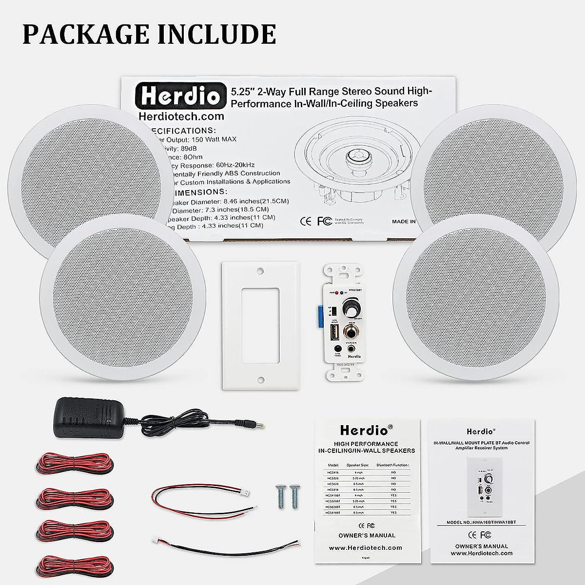 Herdio 5.25 Inch Bluetooth Ceiling Speakers Max Power 600W 2-Way Flush Mount Plus Wall Mount Amplifier Receiver Perfect for Home Theater Bathroom Living Room Kitchen Office(4 Speakers)
