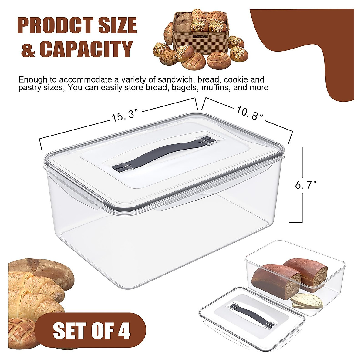 Xyskin 4 Packs 15 L Airtight Food Storage Containers Set with Handle Lid, Plastic BPA-Free Rectangle Bread Container for Home Kitchen, Leak Proof