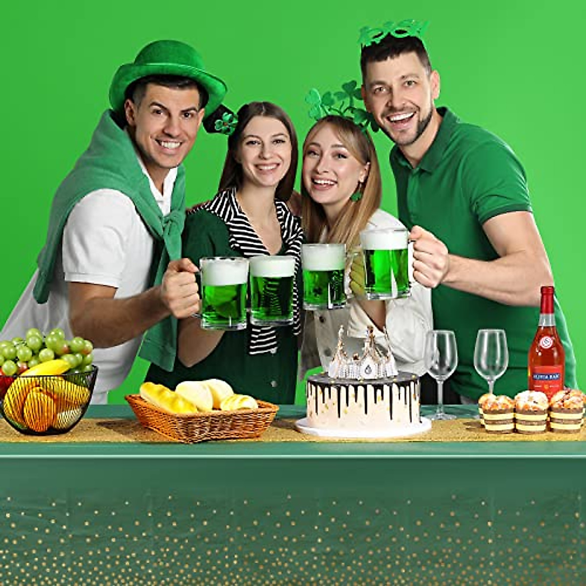 Tablecloth and Sequin Table Runner Set Polka Dots Confetti Table Cover Dining Plastic Table Cloths Glitter Decorations for Birthday Wedding Anniversary Party Supplies (Green, Gold)