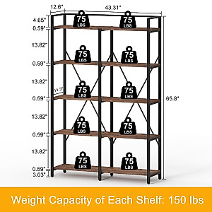 BON AUGURE Industrial Bookshelf, Bookcases and Bookshelves Etagere, Tall Large Farmhouse Book Shelves, 5 Tier Open Bookcase, Wood Metal Shelving Unit for Bedroom, Office (Rustic Oak)
