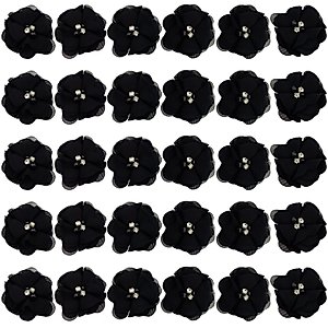 30pcs Rhinestone Chiffon Flower 2" Sewing Fabric Appliques for Clothing Craft Party Wedding Decor Tassel Topper Decoration Gift Wrapping Headbands Hair Accessories DIY (Black)