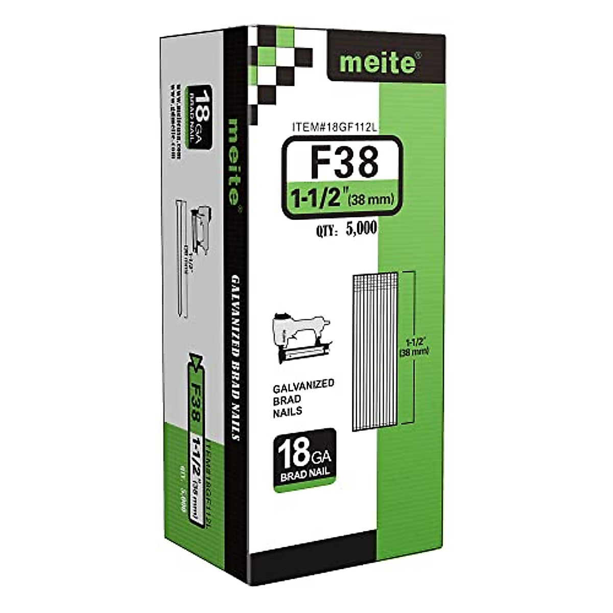 meite F38 18 Gauge 1-1/2 Inch Leg Length Galvanized Brad Nails Ideal for Upholstery, Trims, Molding, Woodworking 5,000 PCS/Box (1 Box)