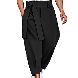SOMTHRON Men's Harem Cropped Pants Elastic Waist Belted Baggy Bow Tie Beach Yoga Ankle Length Trousers BL-L Black