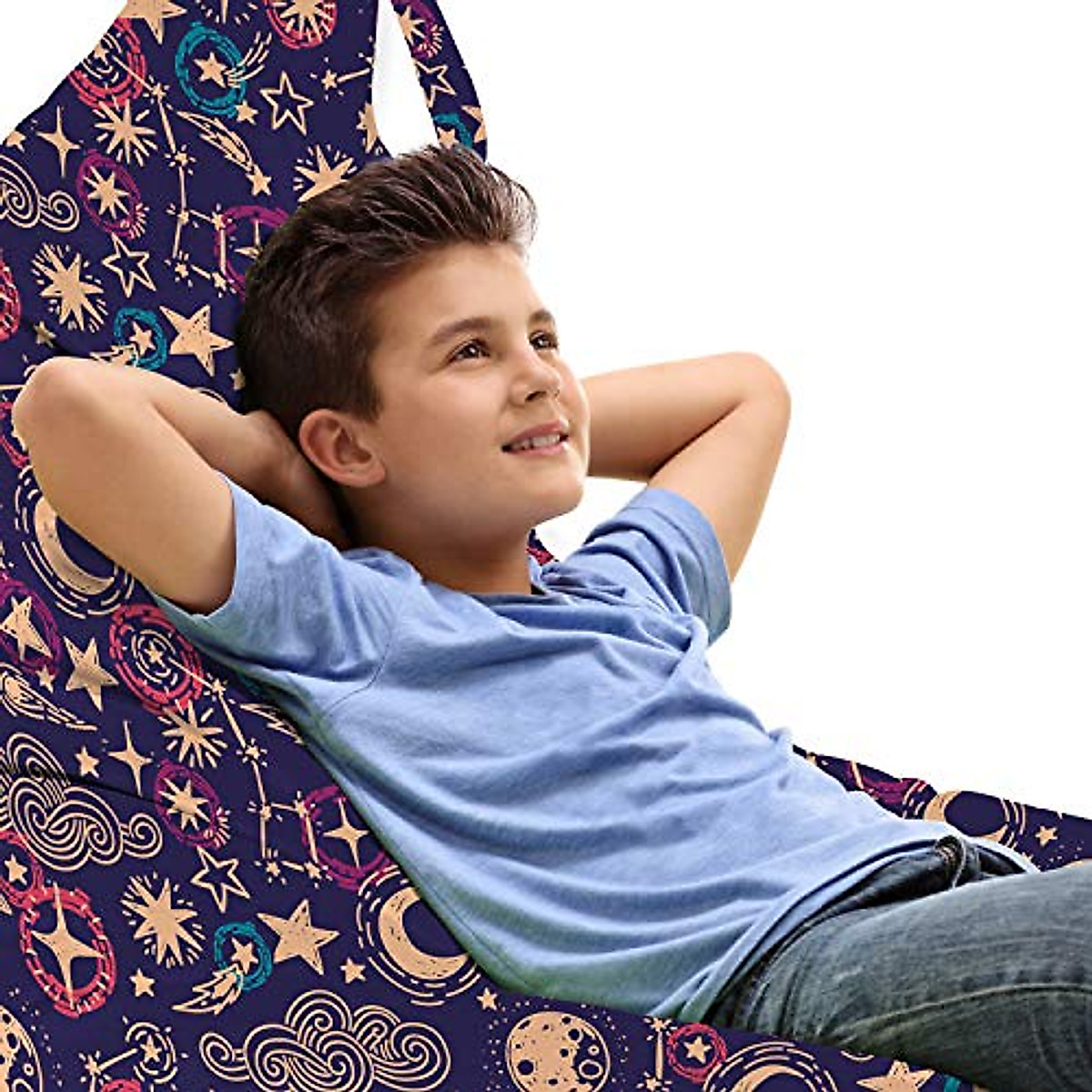 Lunarable Hipster Lounger Chair Bag, Hand Drawn Starry Scene of Constellation Crescent Space-Themed Layout, High Capacity Storage with Handle Container, Lounger Size, Navy Blue and Multicolor
