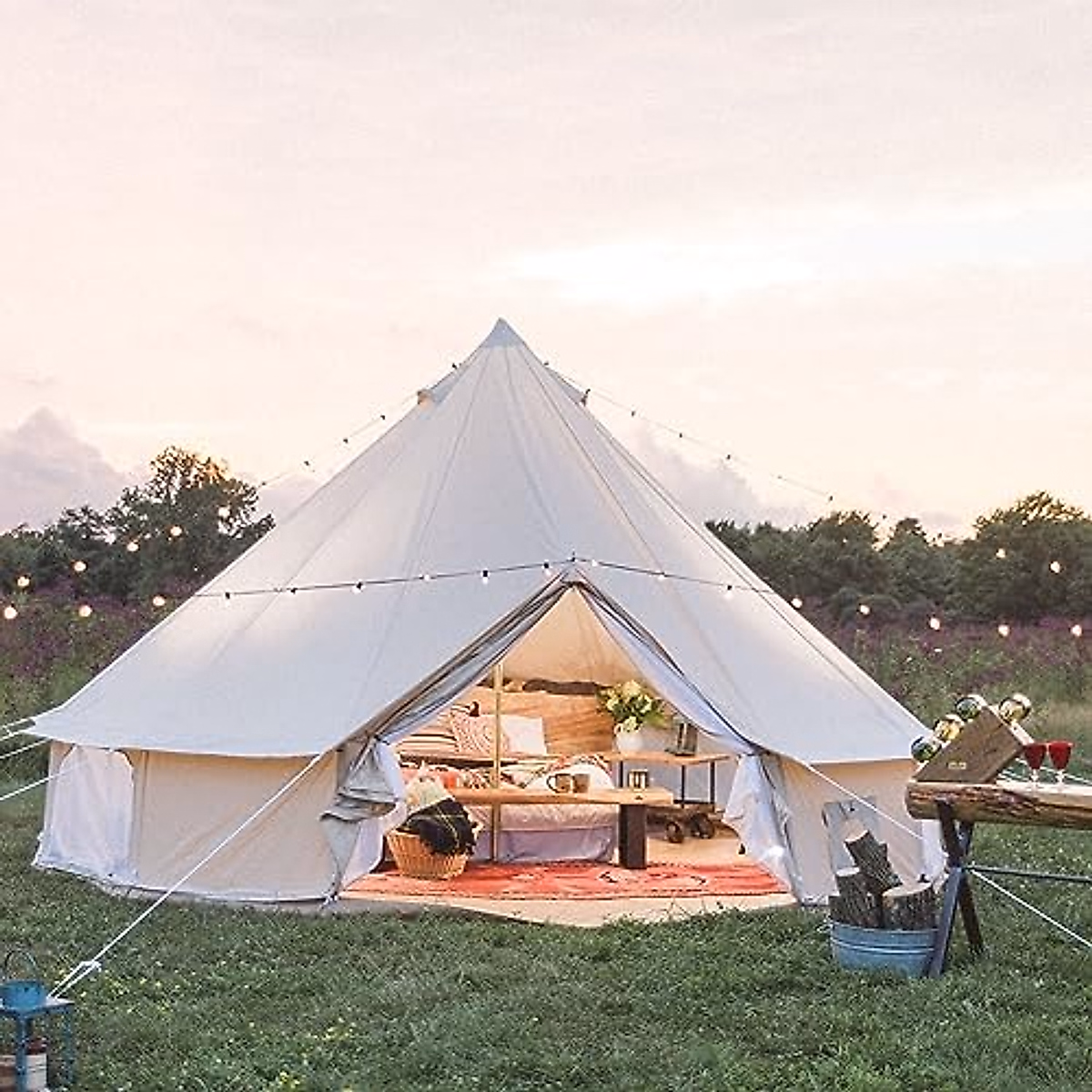 Dream House Outdoor Waterproof Cotton Canvas Family Camping Bell Tent (Beige Cotton Canvas Tent, Diameter 4 Meter)