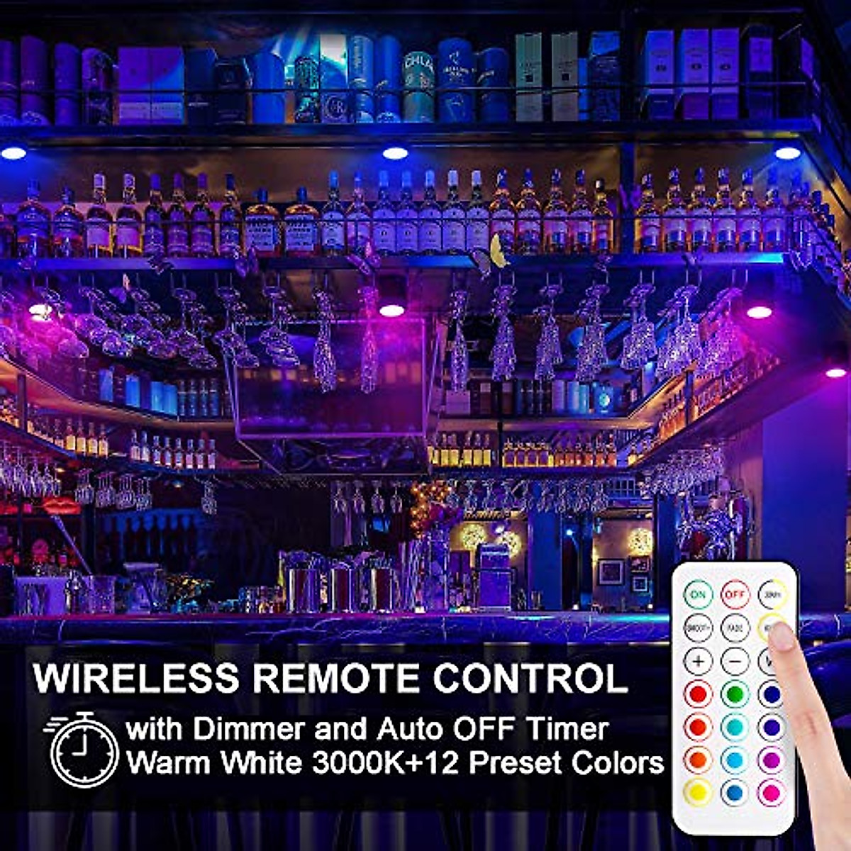 BLS LED Puck Lights with Remote Control, Wireless Under Cabinet Lighting, Battery Powered Lights, Stick on Lights, Color Changing Lights with Dimmer and Timer, AA Battery Operated Closet Light, 6 Pack