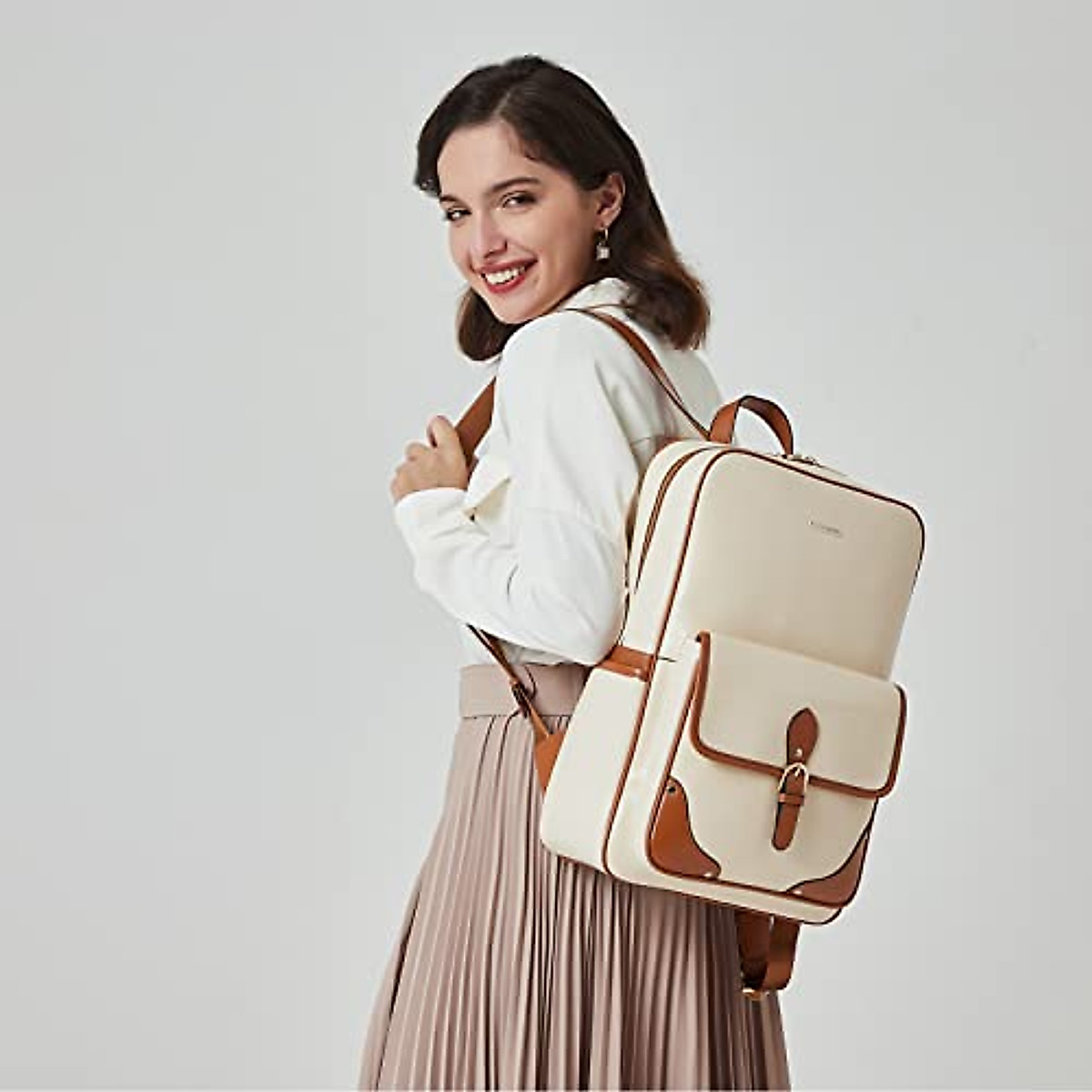 BOSTANTEN Leather Laptop Backpack for Women 15.6 inch Computer Bag Stylish College Daypack Travel Bag Off-white with Brown